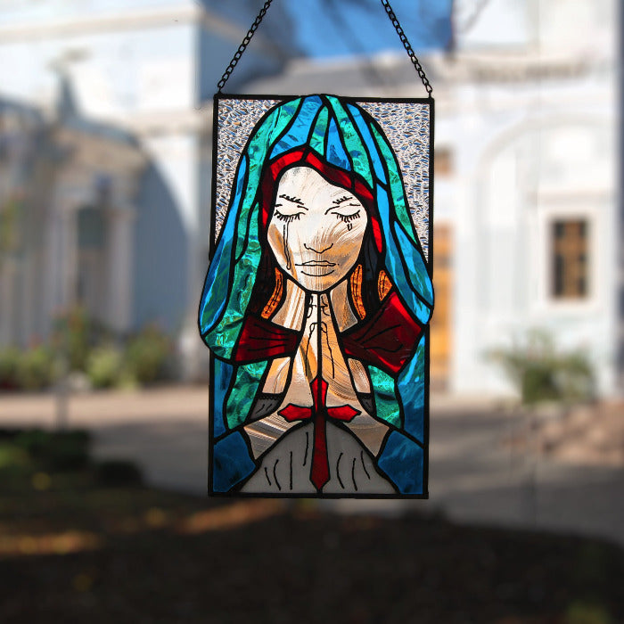 Grieving Virgin Mary stained glass panel – Play The Glass